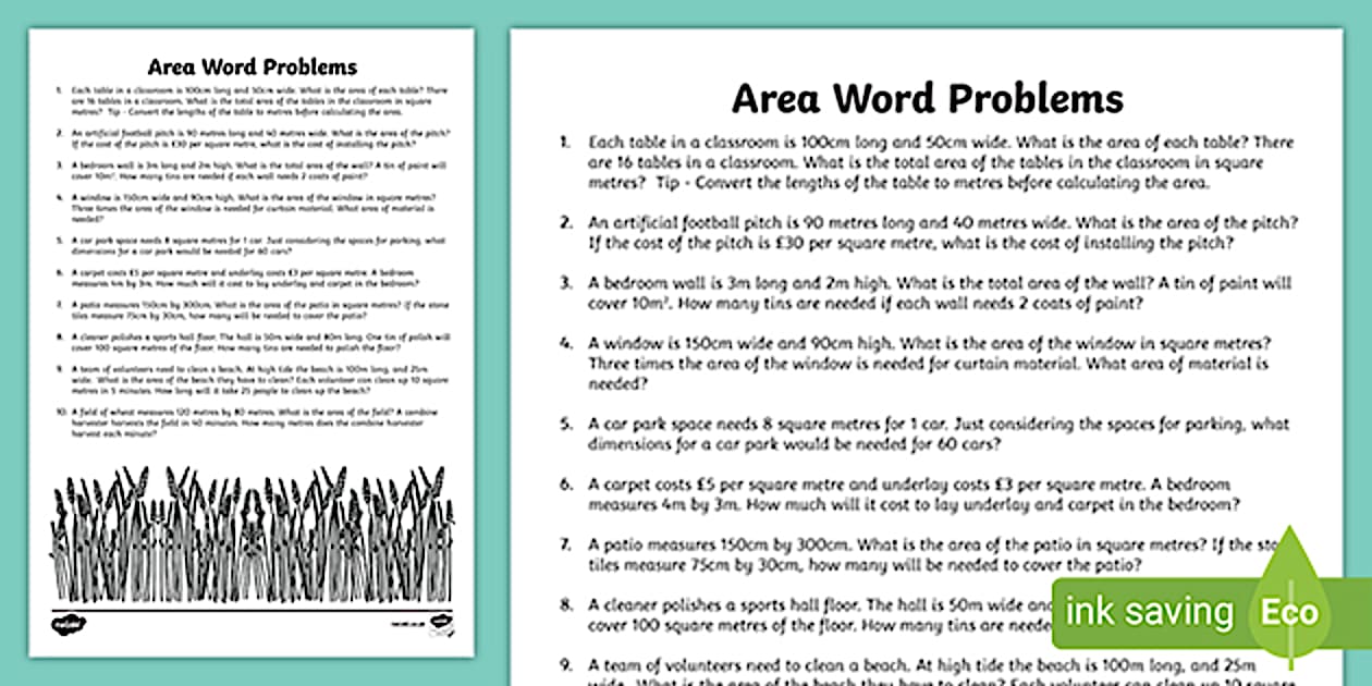 Editable Area Word Problems Worksheet (professor feito)