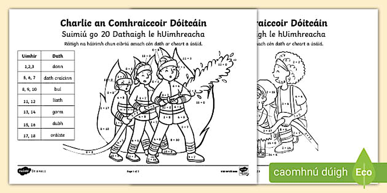 Charlie the Firefighter Addition to 20 Colour by Number Gaeilge