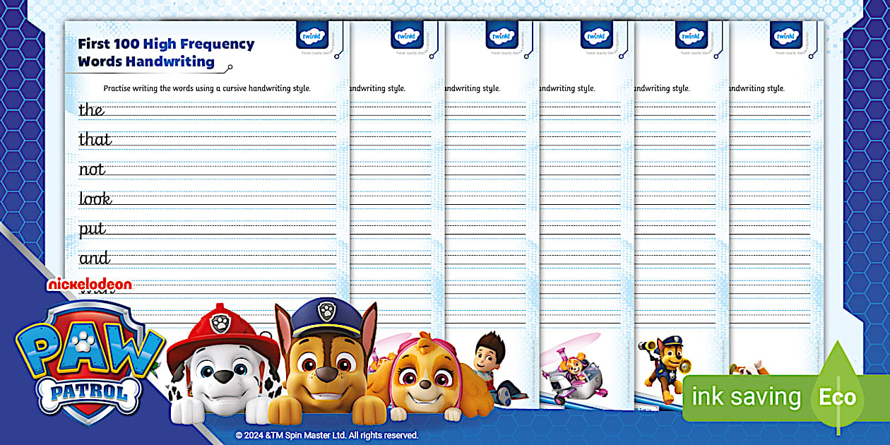 FREE! - PAW Patrol: First 100 High Frequency Words Handwriting