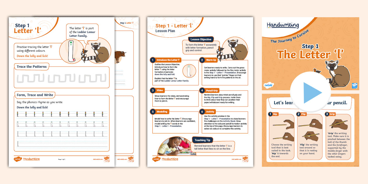 Twinkl Handwriting Scheme:Step 1 Letter Ladder Lemur 'l' Pack