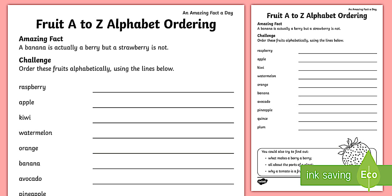 Editable Fruit Alphabetical Ordering Worksheet - Twinkl