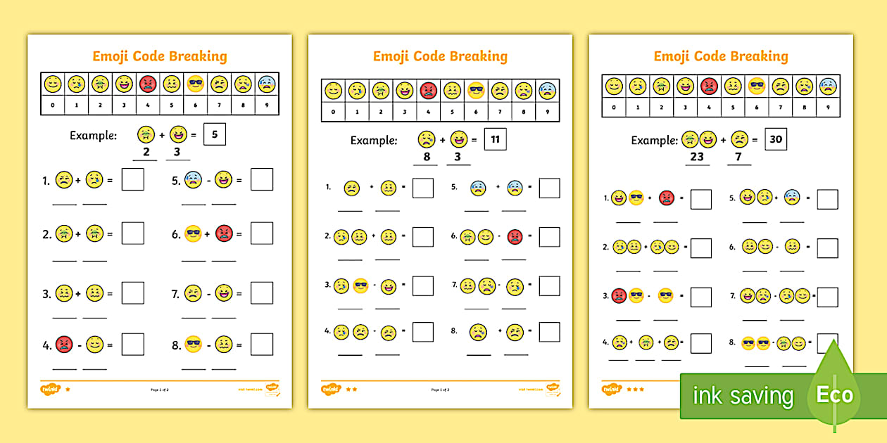 😊 Emoji Addition and Subtraction Crack the Secret Code Worksheets