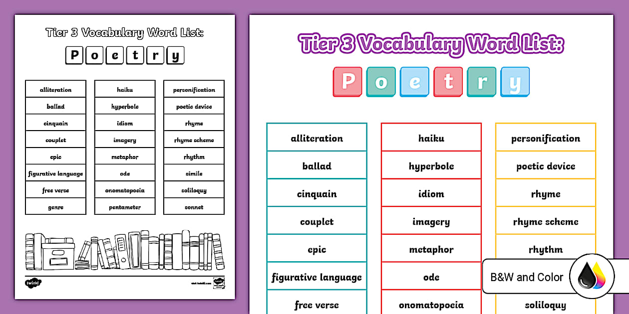 Tier 3 Vocabulary Word List: Poetry for 3rd-5th Grade