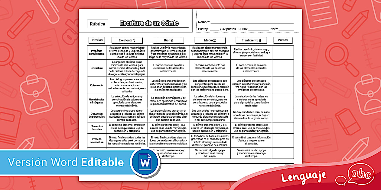 Rúbrica | Escritura de Cómic | Lenguaje y Comunicación | 4°