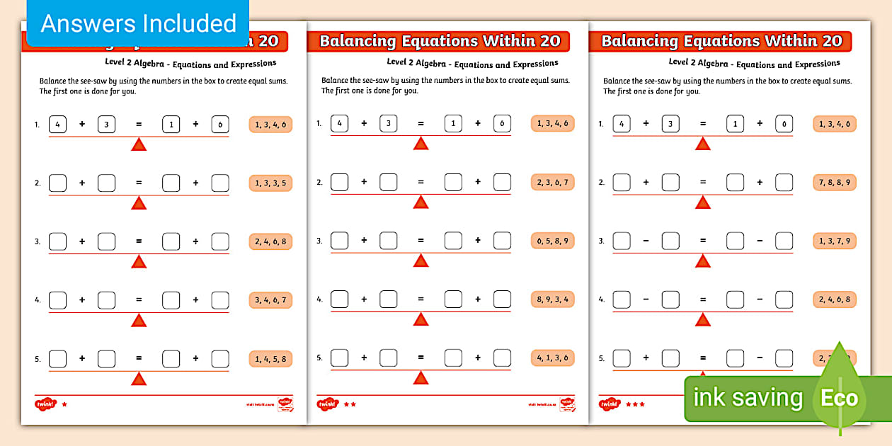 Year 3-4 Balancing Equations Within 20 Diff Activity Sheet