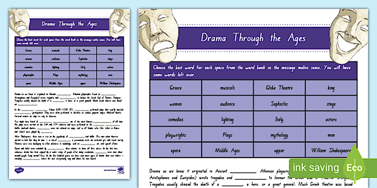 Drama Through the Ages Cloze Activity (teacher made)