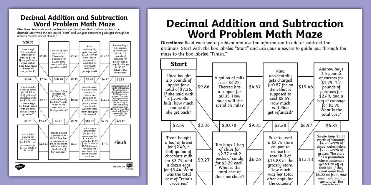 Decimal Addition and Subtraction Word Problem Math Maze