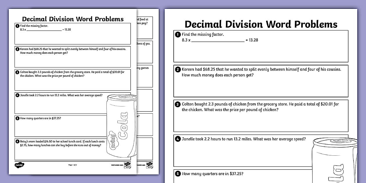 Sixth Grade Decimal Division Word Problems - Twinkl
