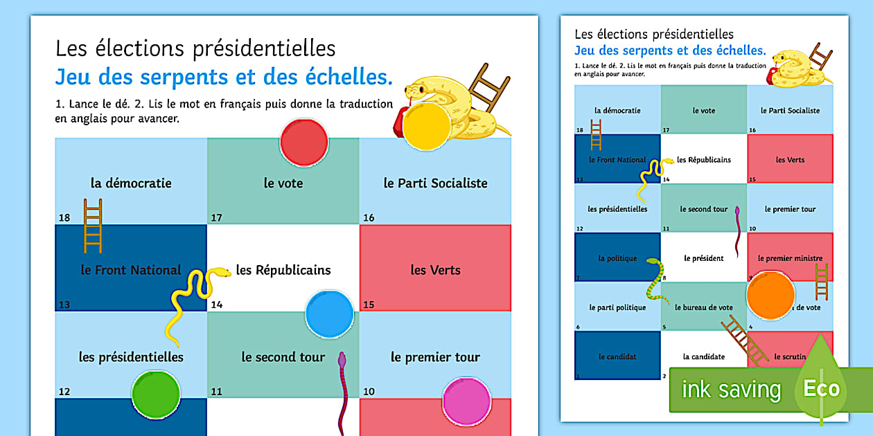 Presidential Elections Snakes and Ladders French - Twinkl