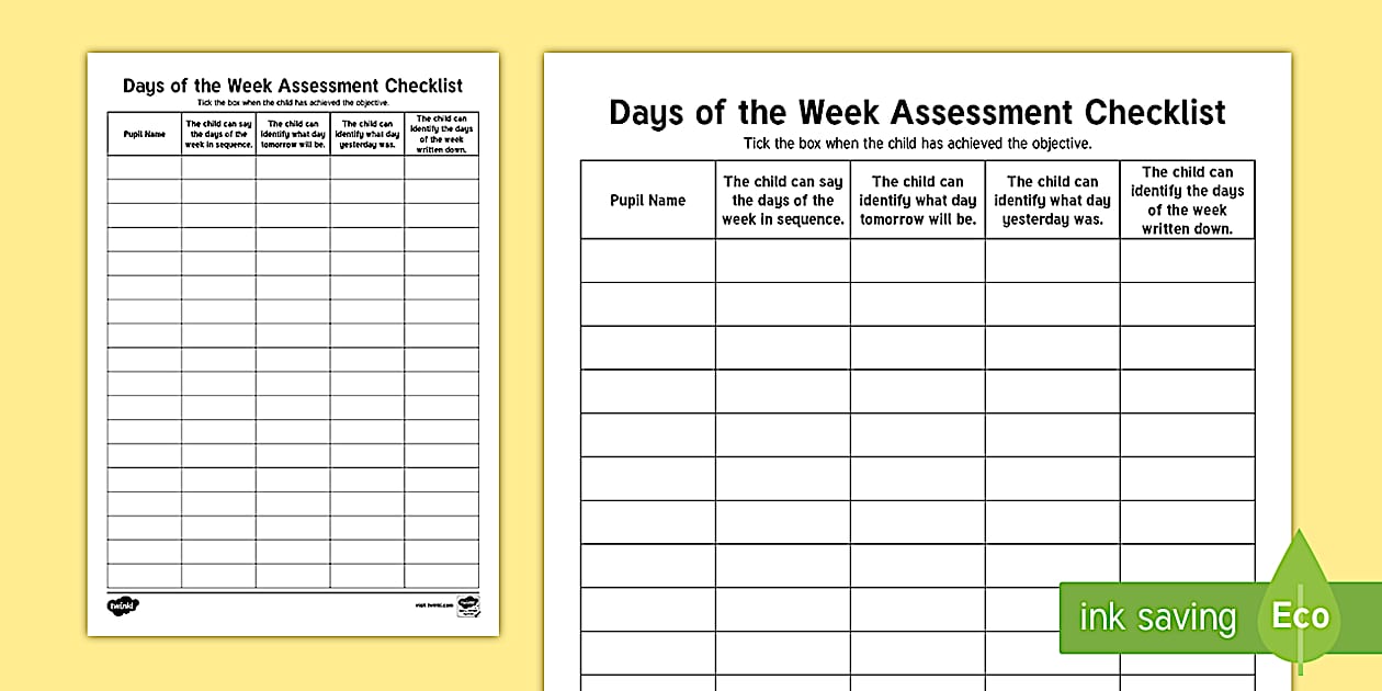 Days of the Week Assessment Checklist (Teacher-Made)
