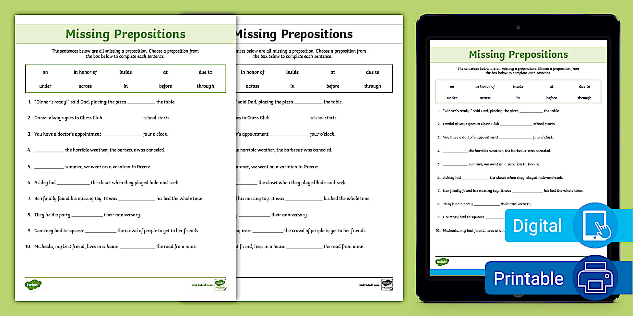 Missing Prepositions Activity Sheet for 3rd-5th Grade