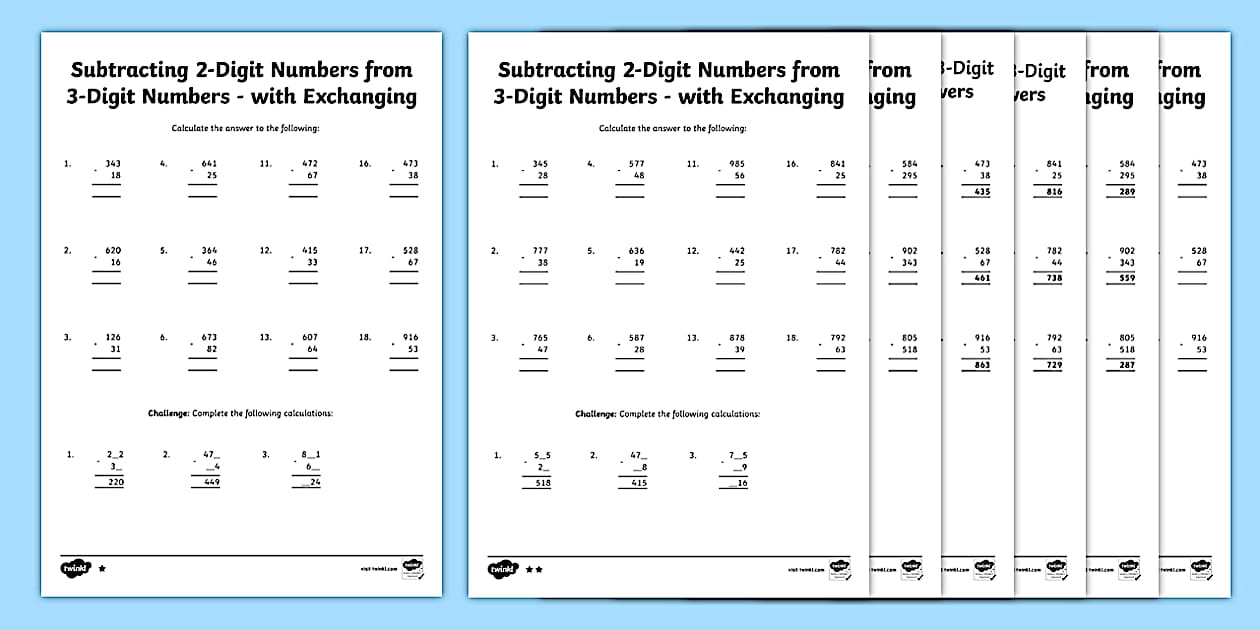 Subtracting 2 Digit Numbers from 3 Digit Numbers in a Column with ...