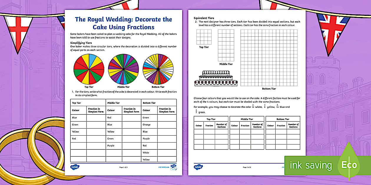 UKS2 The Royal Wedding: Decorate the Cake Using Fractions Worksheet
