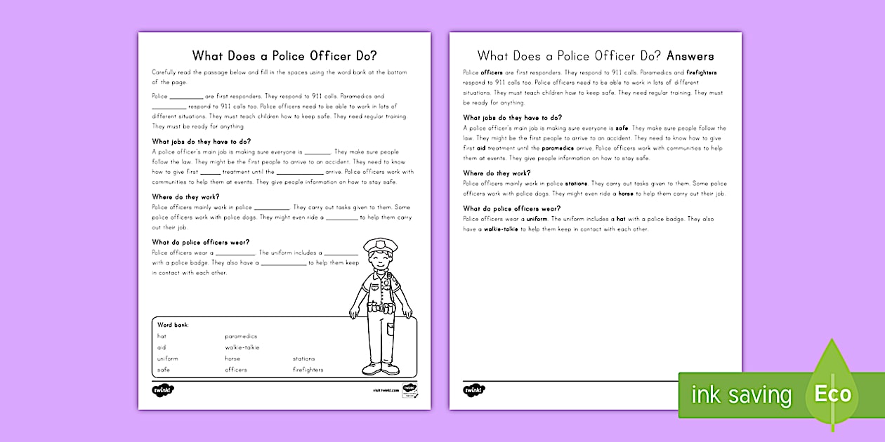 Second Grade What Does a Police Officer Do? Cloze Reading Worksheet