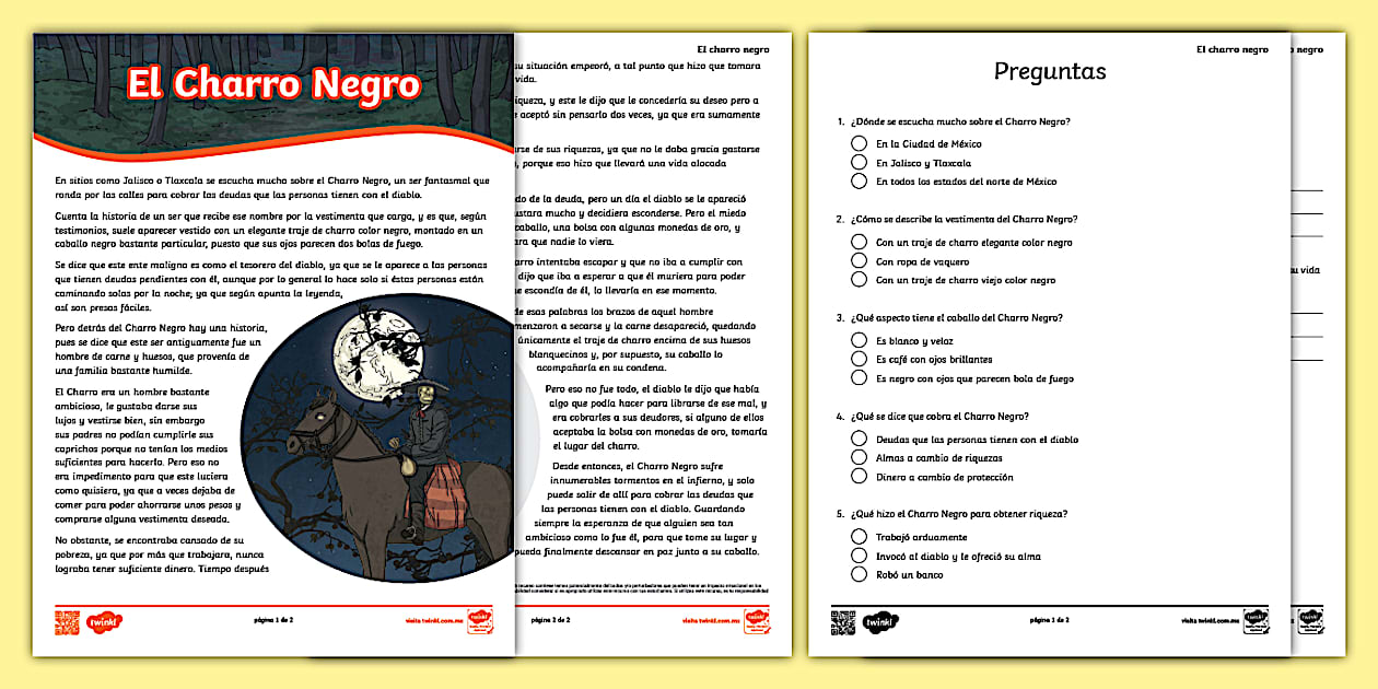 Leyenda del Charro Negro - comprensión lectora - Twinkl
