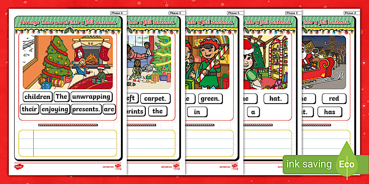 Christmas Simple Sentence Scramble Worksheets (teacher made)