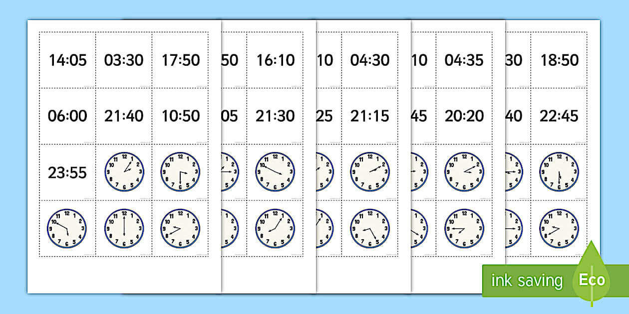 Telling the Time 24 hour Pelmanism Game With 5 Minute Intervals