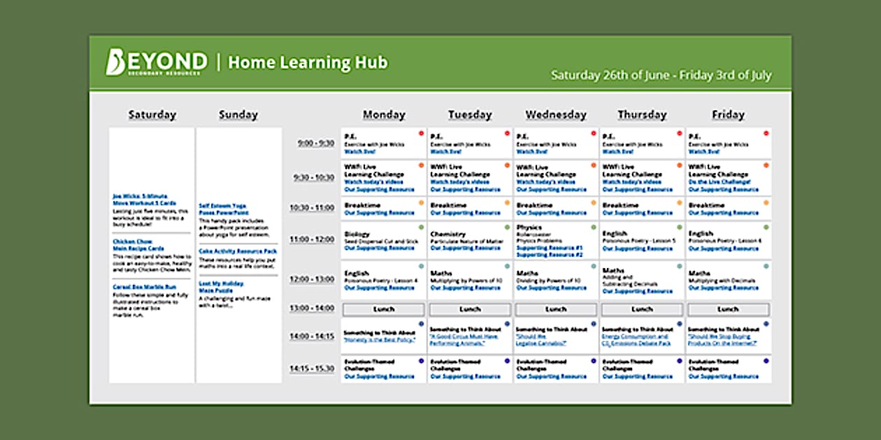 Beyond Home Learning Timetable 27th June to 3rd July