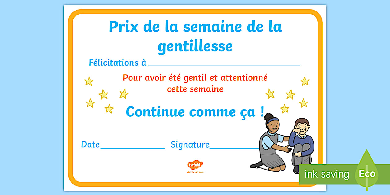 Diplôme pour cycle 1 : Prix de la semaine de la gentillesse