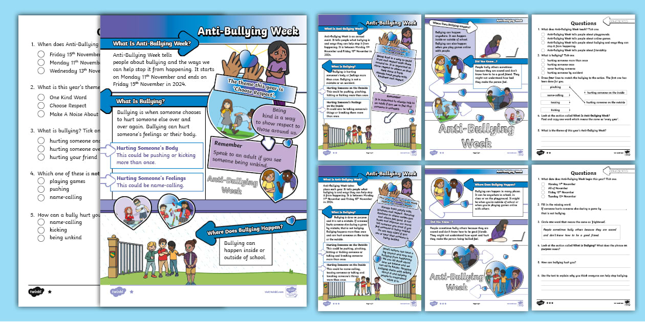 KS1 Anti-Bullying Week Differentiated Reading Comprehension Activity