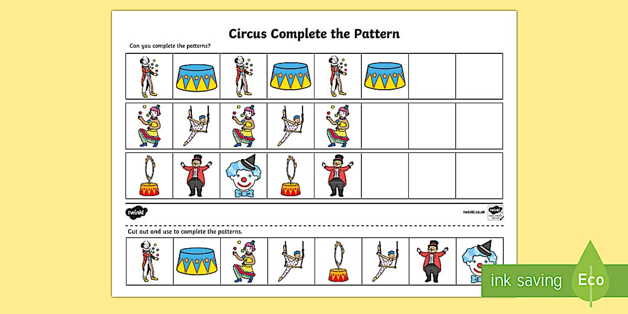 Black and White Circus Complete the Pattern Worksheet