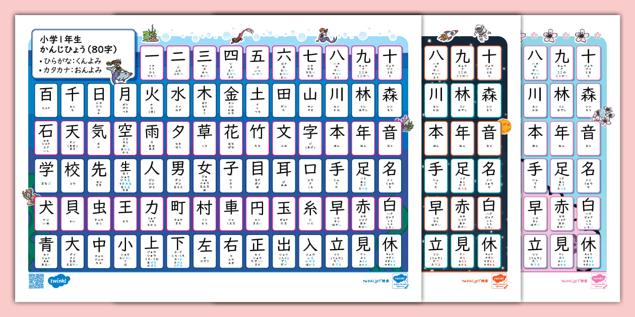 小学校一年生漢字表読み方づき First Grade Kanji Chart with Pronunciations