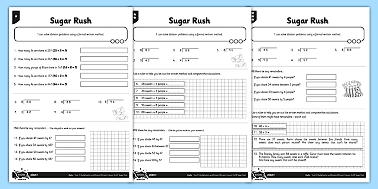 Short Division - Year 3 Bus Stop Division Worksheet Pack