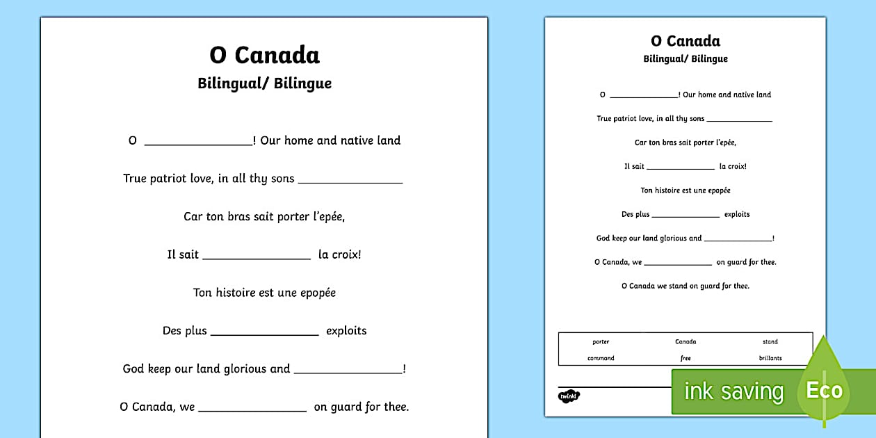 O Canada Fill in the Blanks Bilingual Activity - Twinkl
