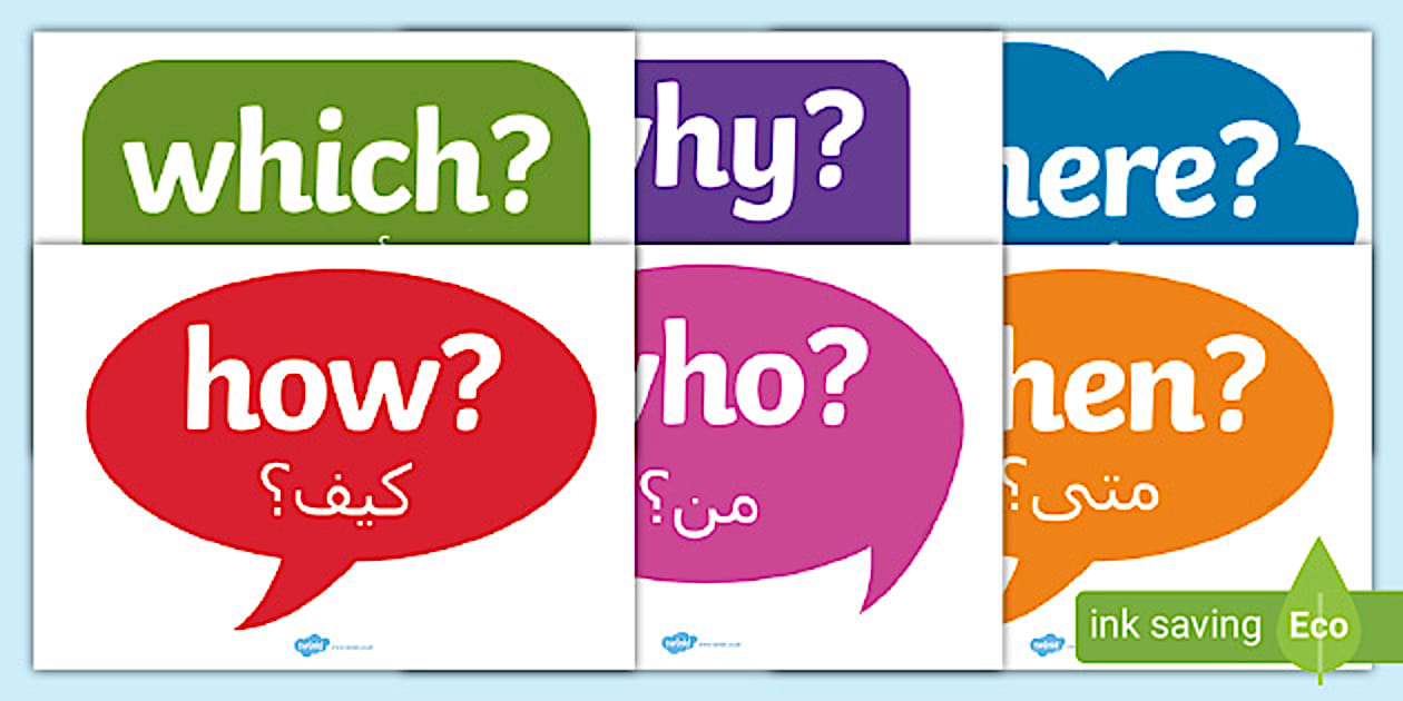 Editable Question Words on Speech Bubbles Arabic Translation
