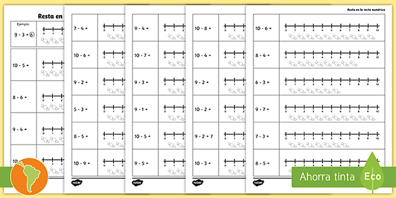Restas hasta el 10 en la recta numérica- Guía de trabajo