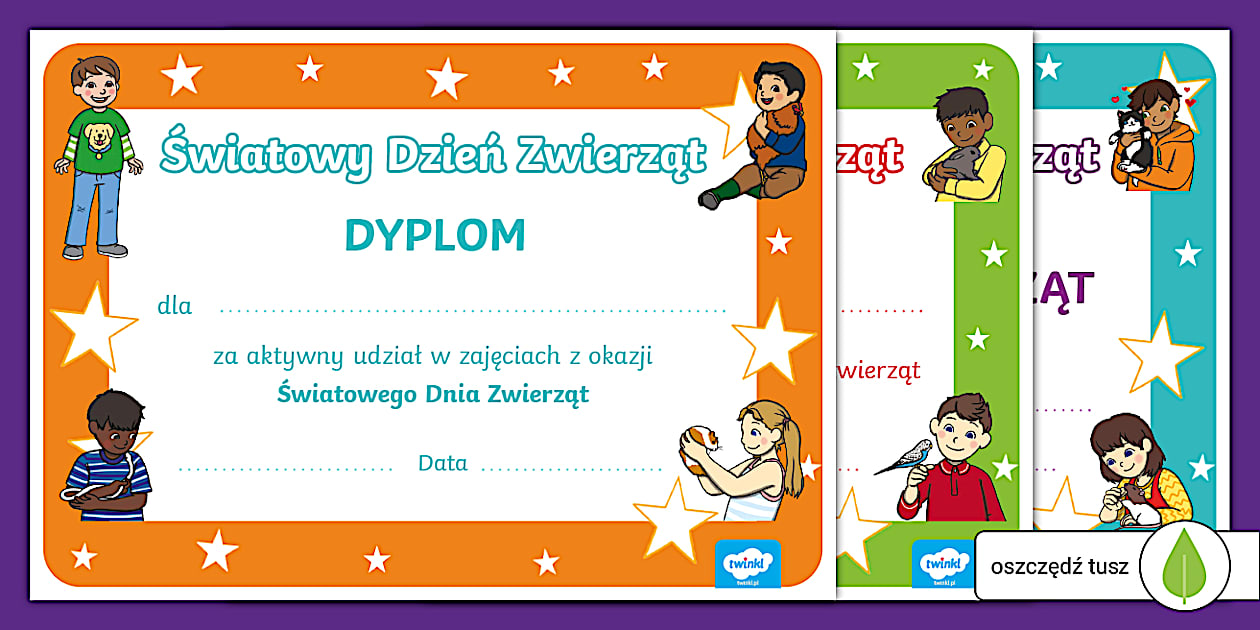 Dzień Zwierząt | Dyplomy dla uczniów (Teacher-Made)