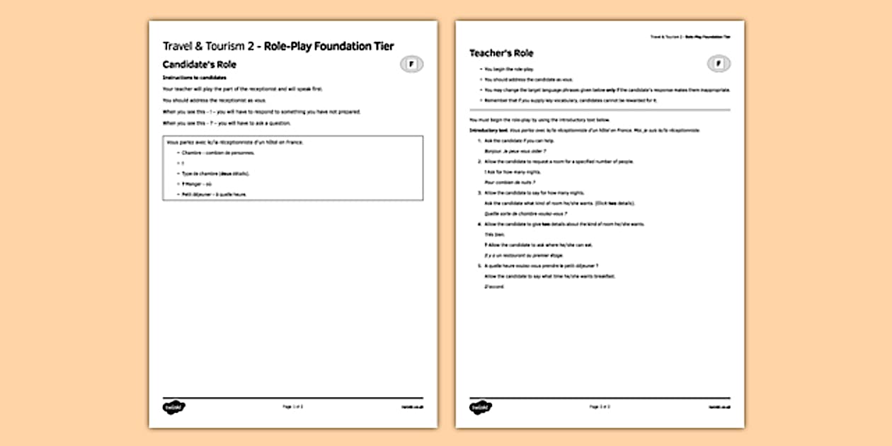 Travel and Tourism 2 GCSE Foundation Tier Role-Play French