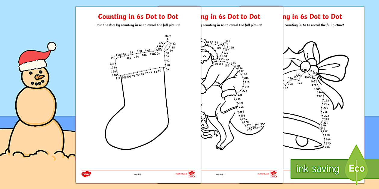 Christmas Counting in 6s Dot to Dot Colouring Pages - Twinkl