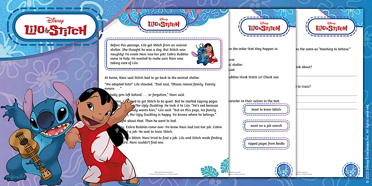Lilo & Stitch: First Grade Reading Comprehension Worksheet