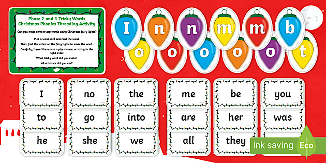 Phase 2 and 3 Tricky Words Christmas Phonics Threading Activity