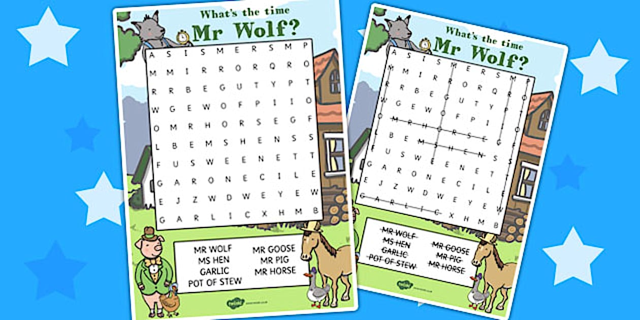 Lower Ability Word Search to Support Teaching on What's The Time, Mr Wolf?