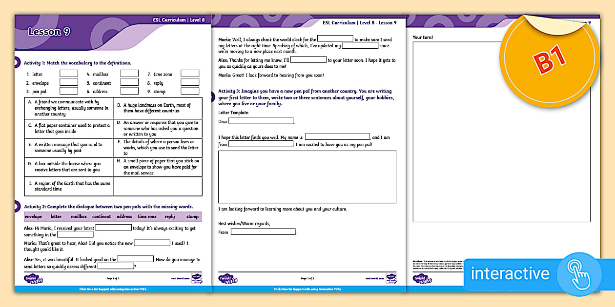 ESL Curriculum Level 8, Lesson 9 Interactive Worksheet