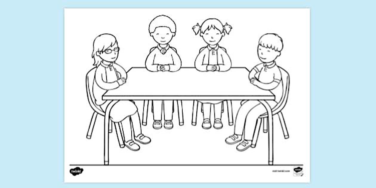4 Children Sitting at a Table Colouring Sheet (teacher made)