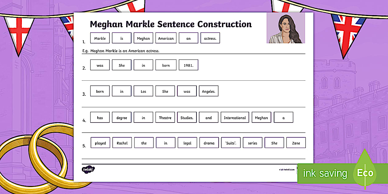 Cursive Meghan Markle Sentence Construction Worksheet