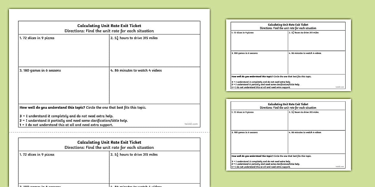 Seventh Grade Calculating Unit Rate Exit Ticket - Twinkl