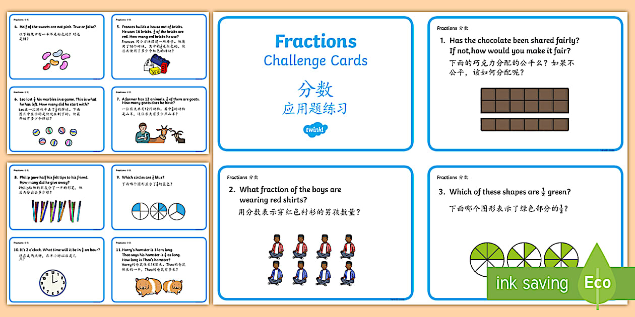 Fractions Challenge Cards English/Mandarin Chinese - Fractions ...