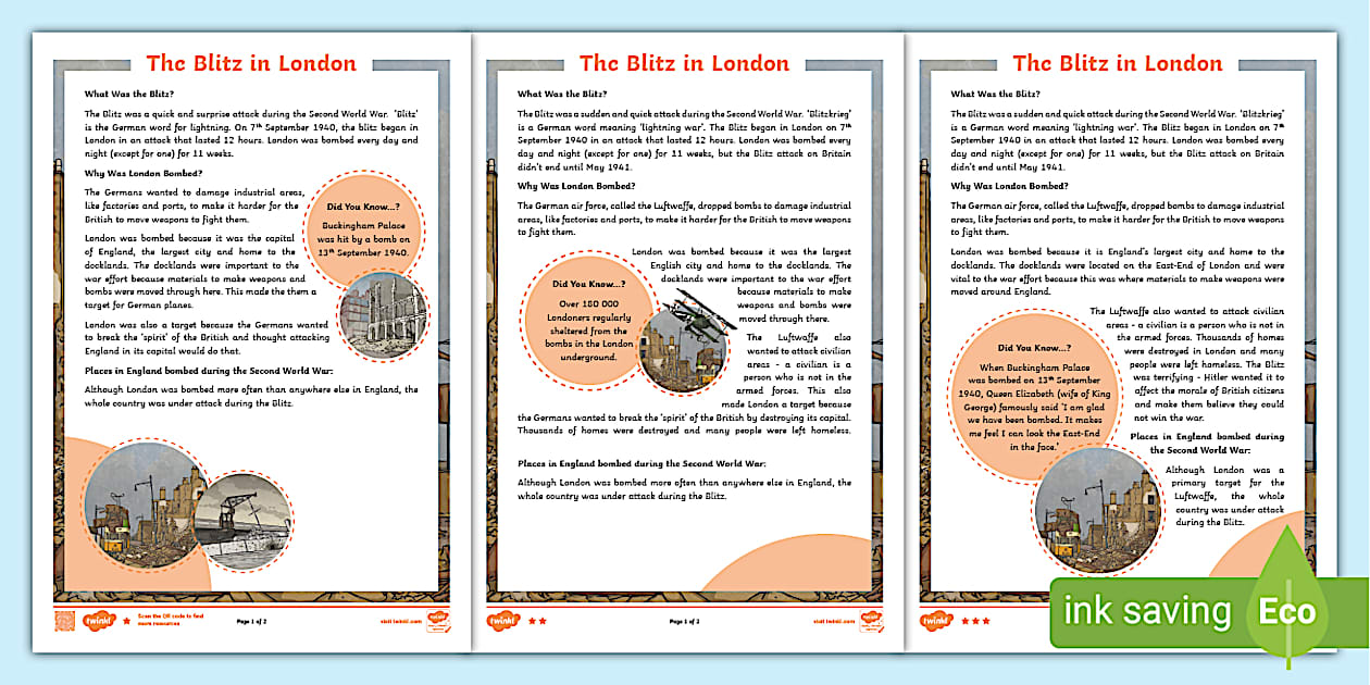 Editable LKS2 The Blitz in London Differentiated Reading Comprehension