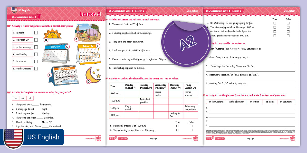 ESL Curriculum (US-English) Level 6 Lesson 8 Activity Sheet
