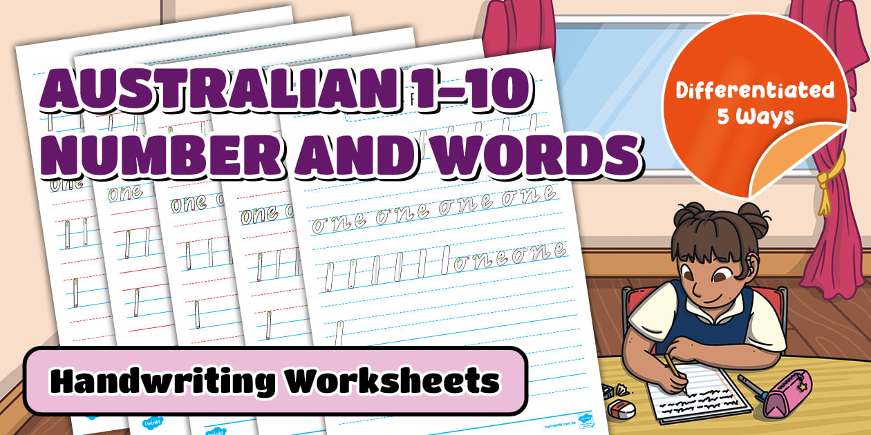 Australian 1-10 Number and Words Handwriting Worksheets