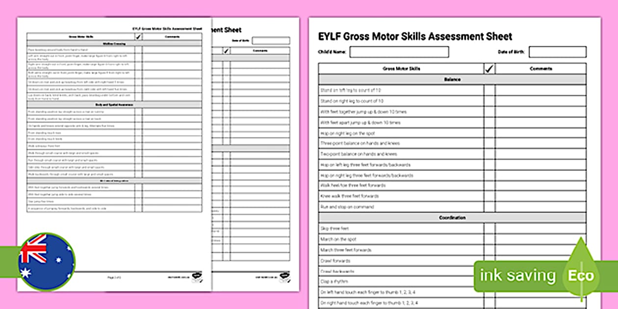 Gross Motor Skills Assessment Checklist - EYLF - Twinkl