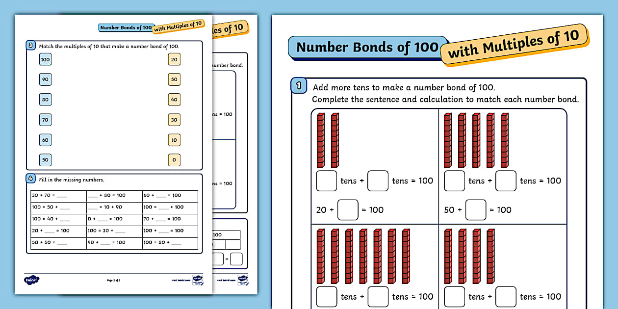 👉 KS1 KIRF Number Bonds of 100 with Multiples of 10 Worksheet