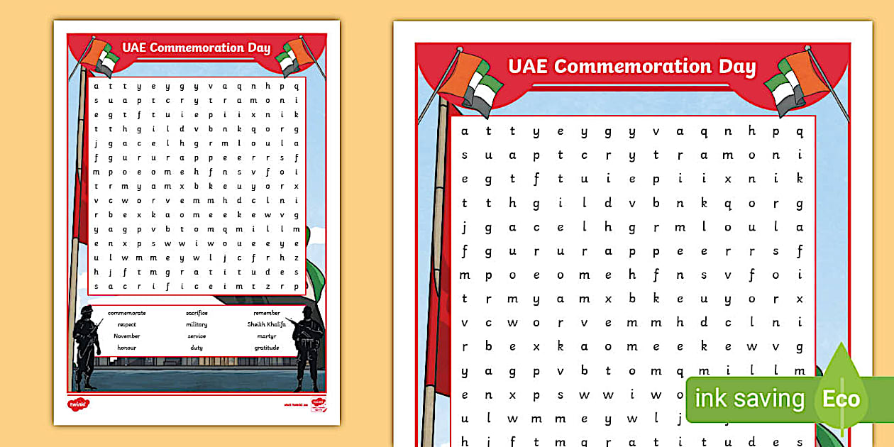 UAE Commemoration Day Word Search (professor feito) - Twinkl