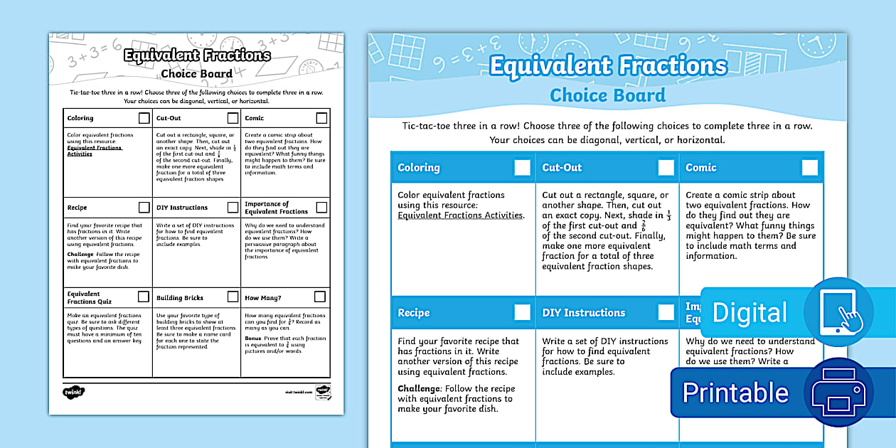Equivalent Fractions Math Choice Board for 3rd-5th Grade