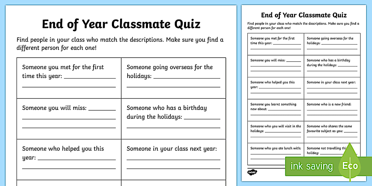 Editable End of Year Classmate Quiz Worksheet (teacher made)