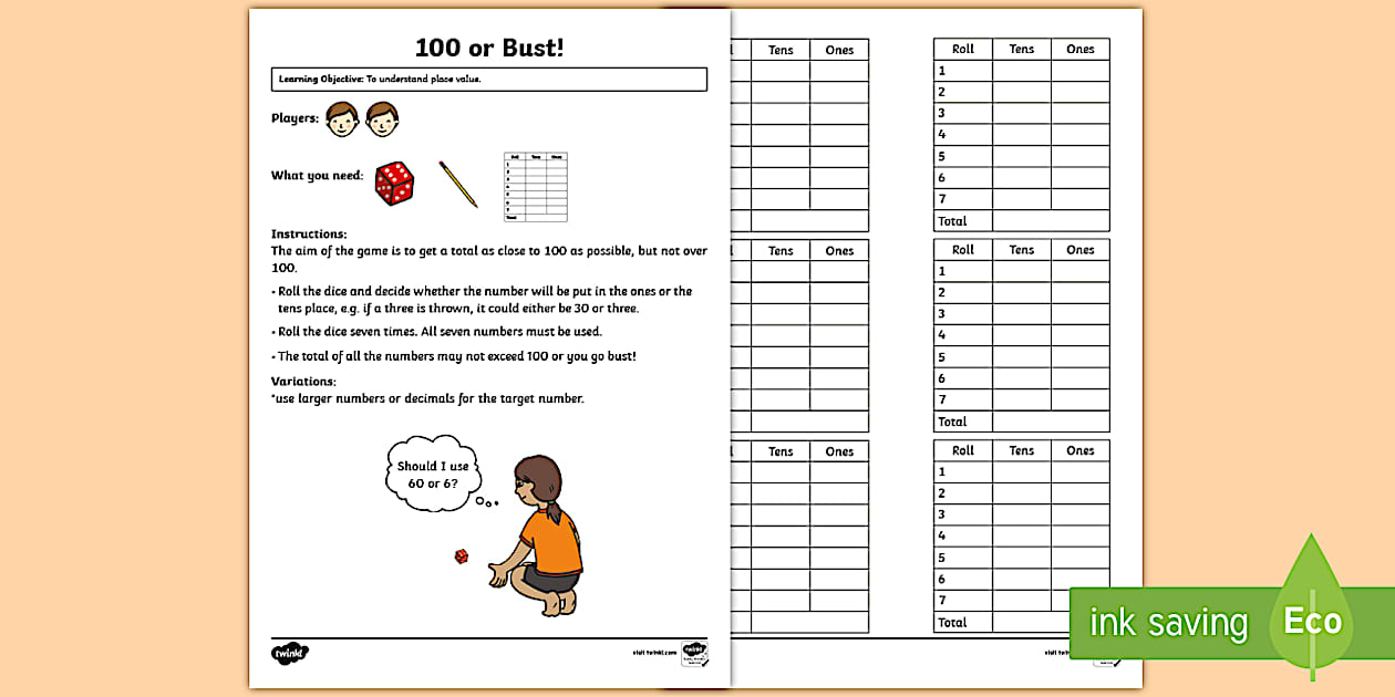 100 or Bust! Maths Game (Hecho por educadores) - Twinkl
